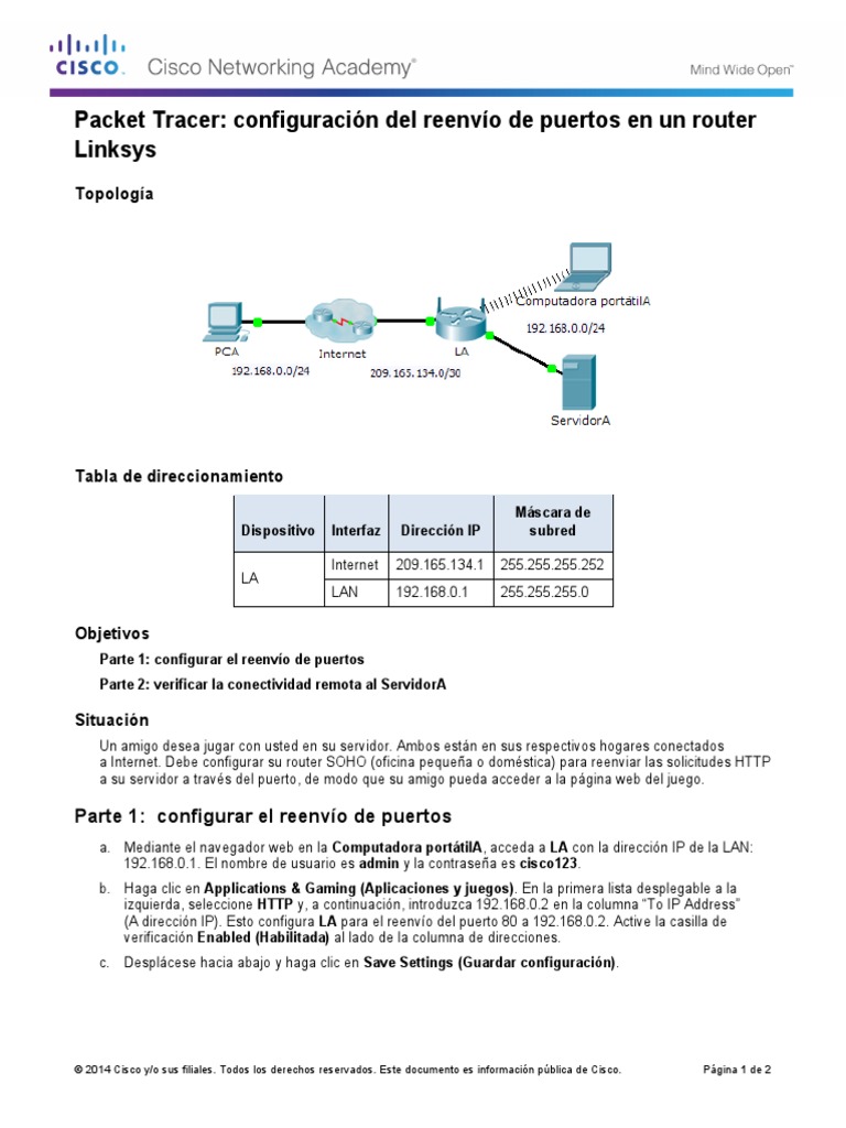 11.2.4.4 Packet Tracer - Configuring Port Forwarding On A Linksys ...
