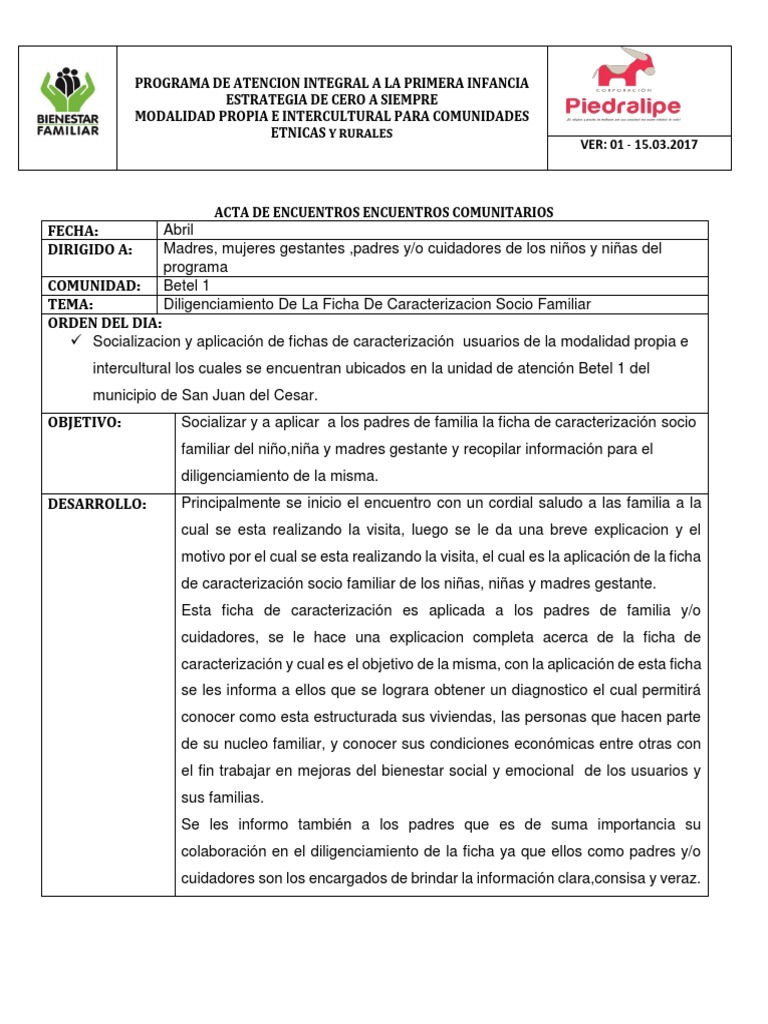 Acta Encuentro en El Hogar Ficha de Caracterizacion | PDF Acta Encuentro en El Hogar Ficha de Caracterizacion | PDF