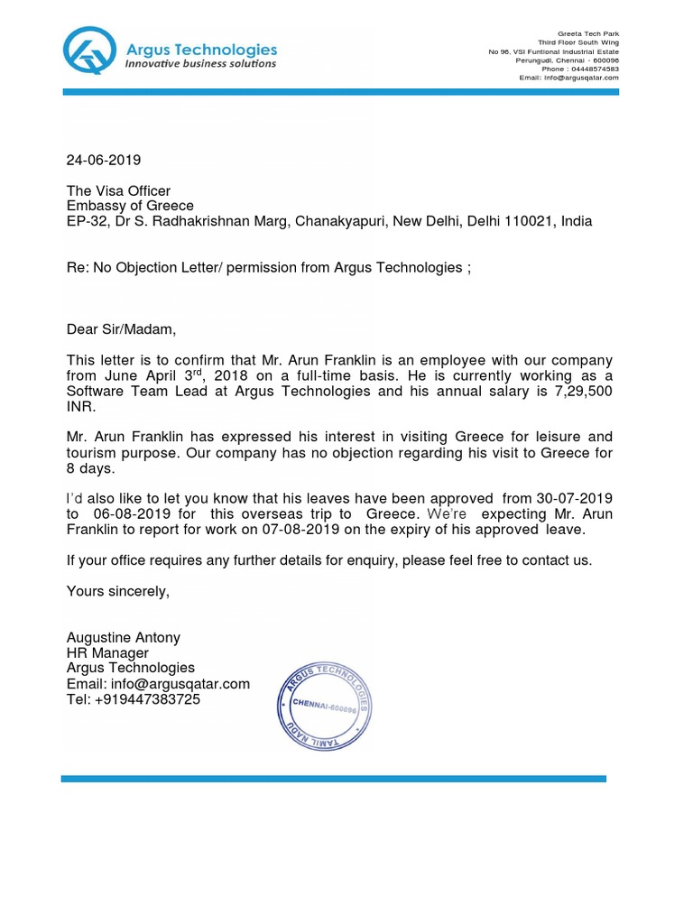 NOC Letter for Arun Franklin's Visa | PDF