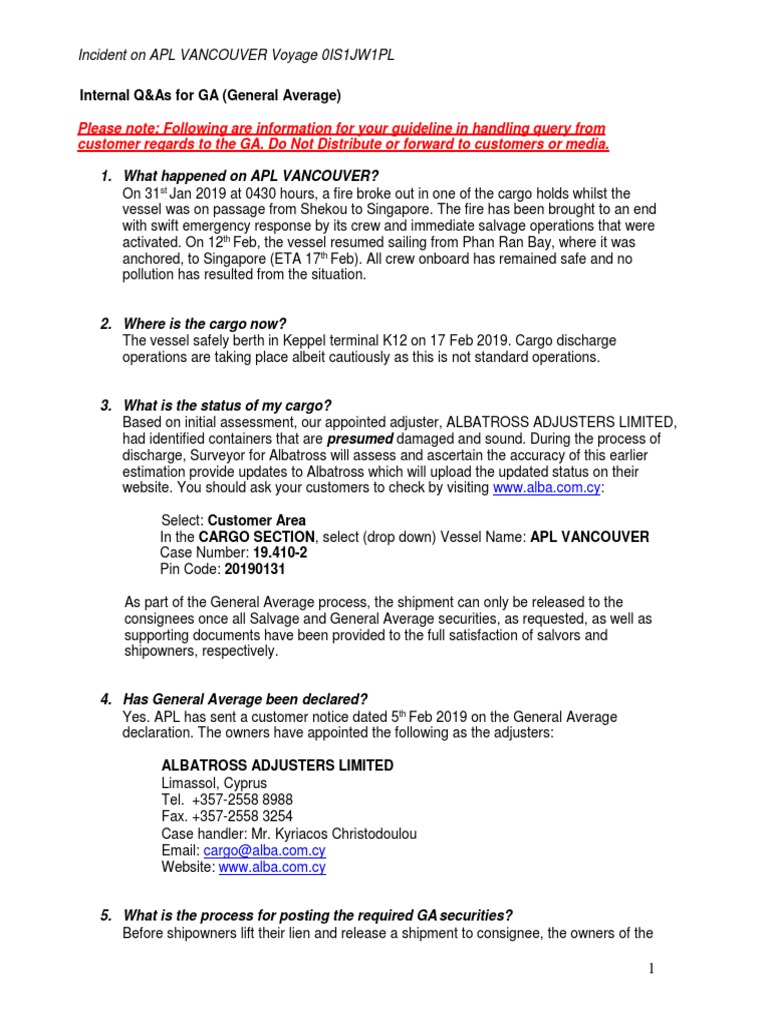 APL Vancouver QA - 18Feb-AL (FAQ) | PDF | Marine Salvage | Cargo