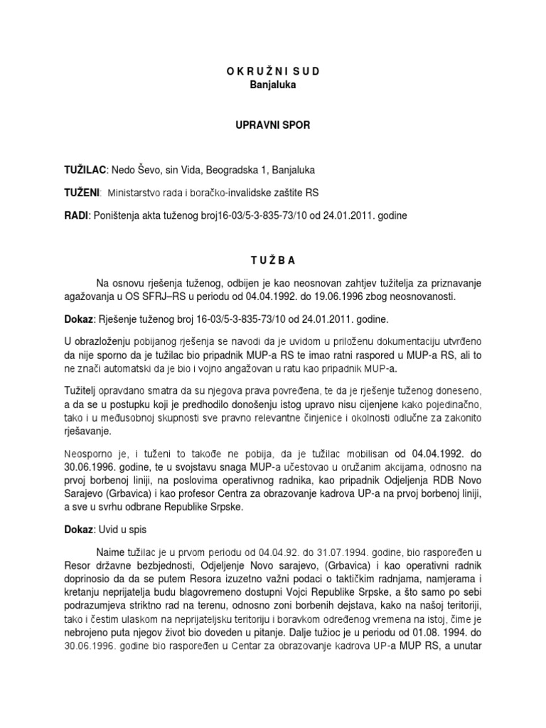 Nenad Sevo OKRUZNI SUD Tuzba | PDF