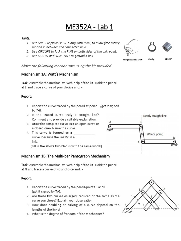 ME352A - Lab 1: Make The Following Mechanisms Using The Kit Provided ...