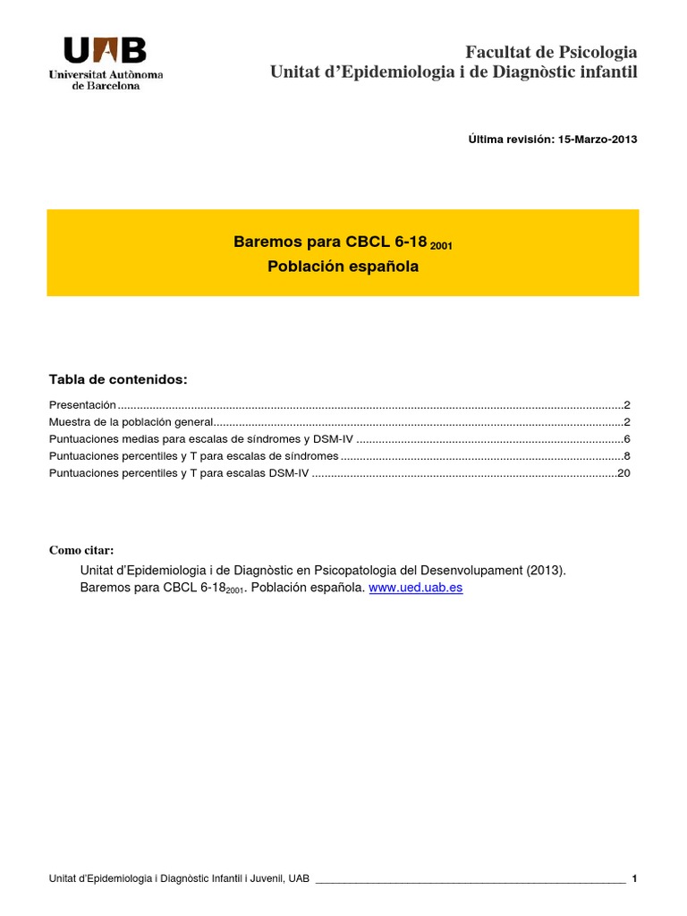 Baremo Del CBCL 6-18 Español PDF | PDF | Trastornos mentales y ...