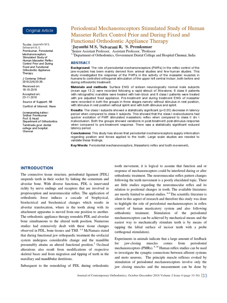 Periodontal Mechanoreceptors Stimulated Study of Human Masseter Reflex ...