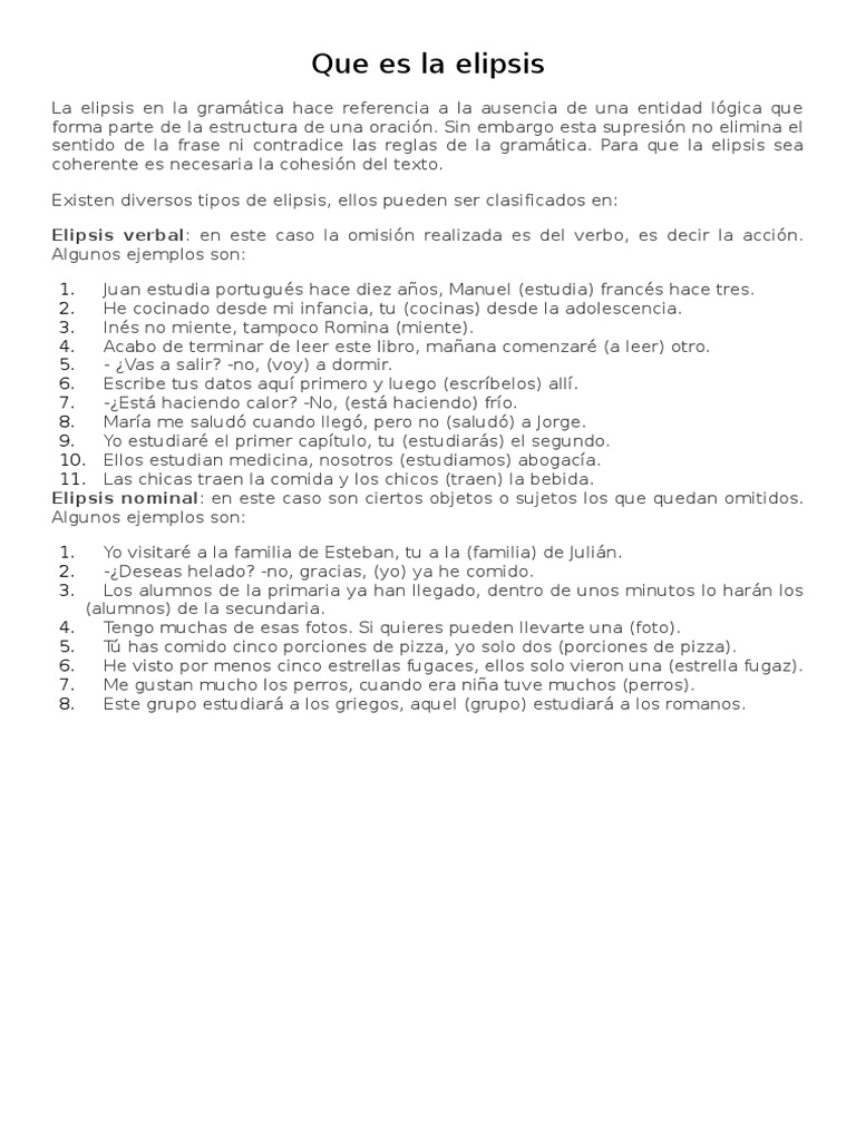 Ejemplos y tipos de elipsis en gramática | PDF