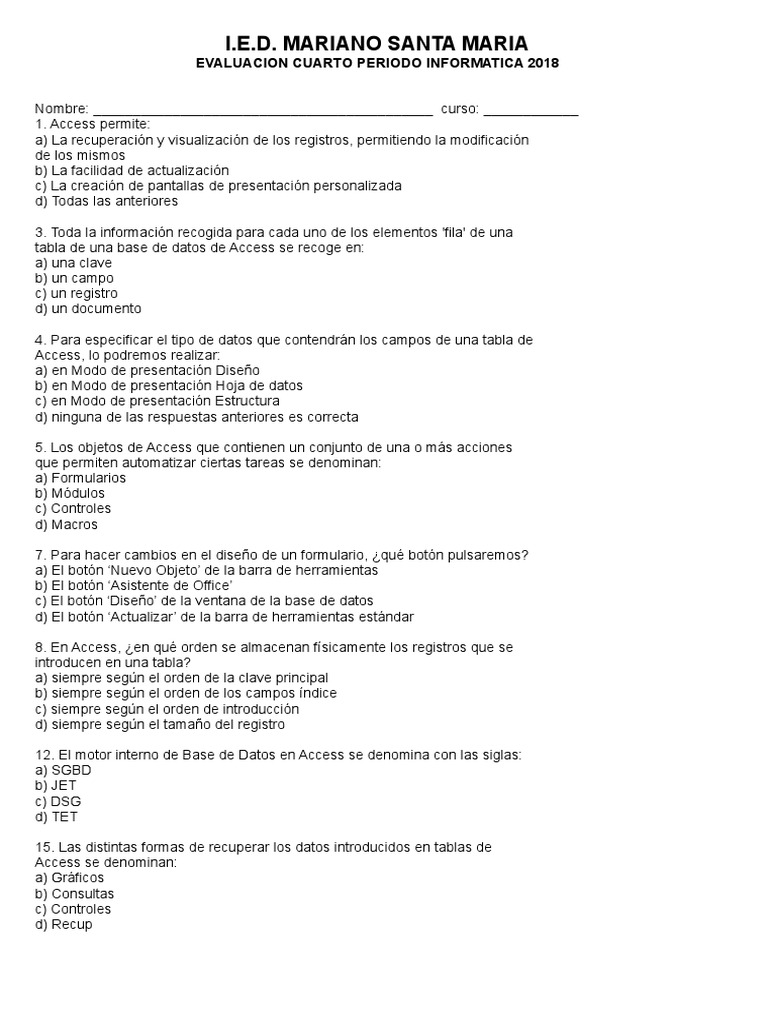 Evaluación de Access 2018 | PDF | Tabla (base de datos) | Bases de datos