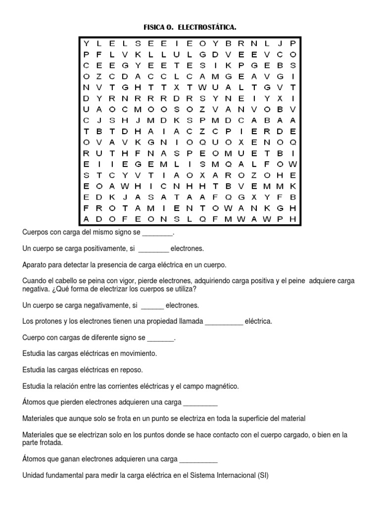 Sopa de letras: Electrostática y electricidad | PDF
