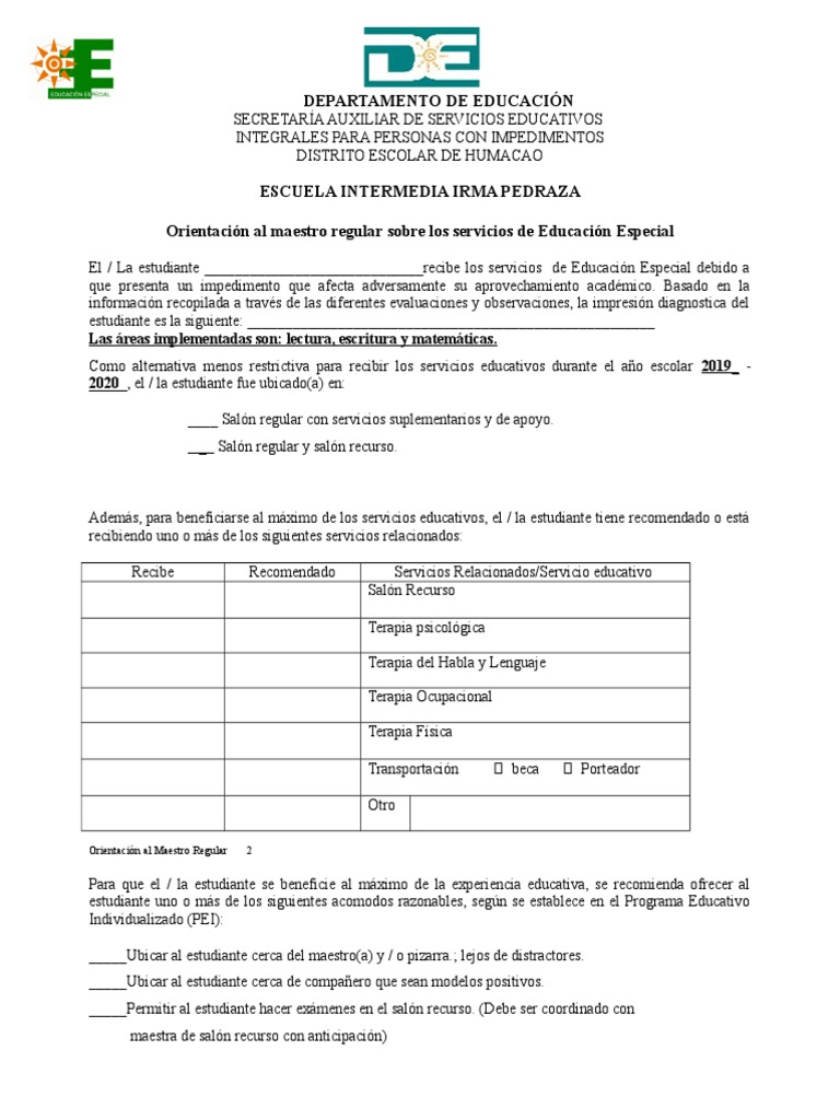 Acomodos Razonables Hoja para Maestro de Salon Regular Compartir ...