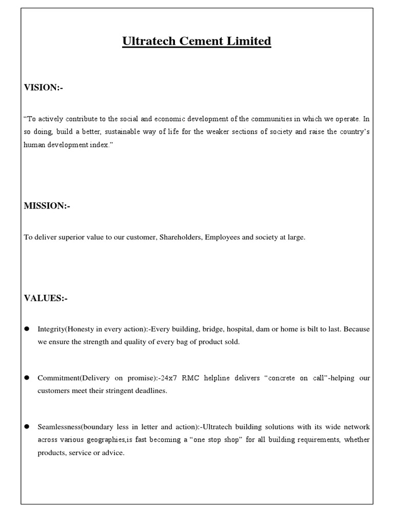 Ultratech Cement Vision and Values | PDF | Business | Home & Garden
