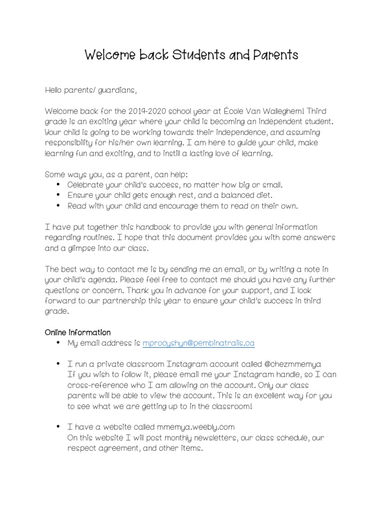 Welcome Letter 2019-2020 VW | PDF | Behavior Modification | Learning