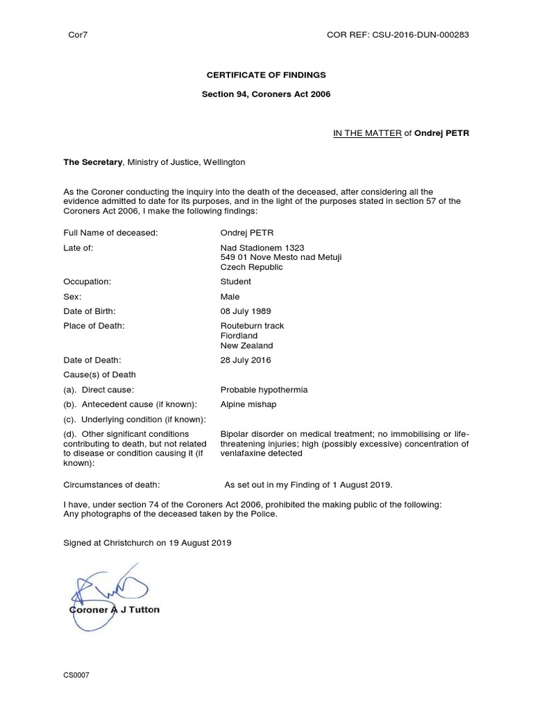 Coroner's Findings: Ondrej Petr's Death | PDF | Snow | Nature