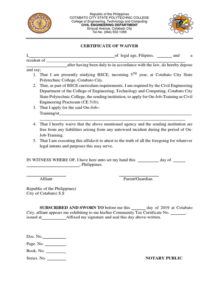 Ojt Waiver Pledge | PDF | Affidavit | Justice