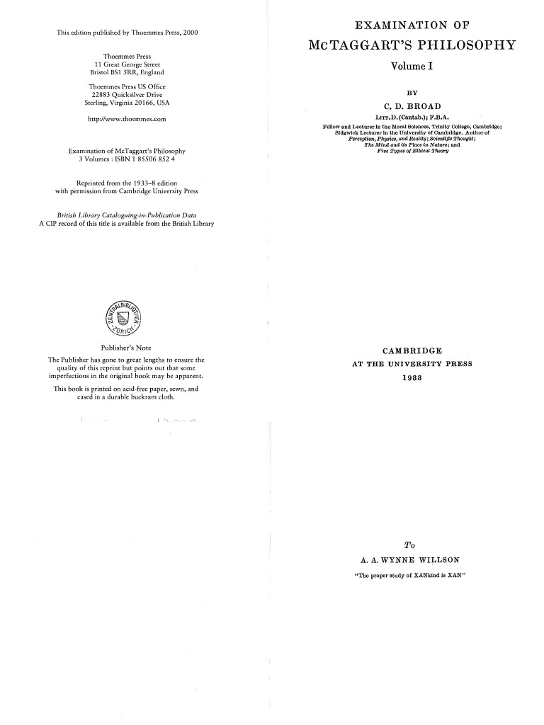 Charlie Dunbar Broad - Examination of McTaggart's Philosophy. 1 ...