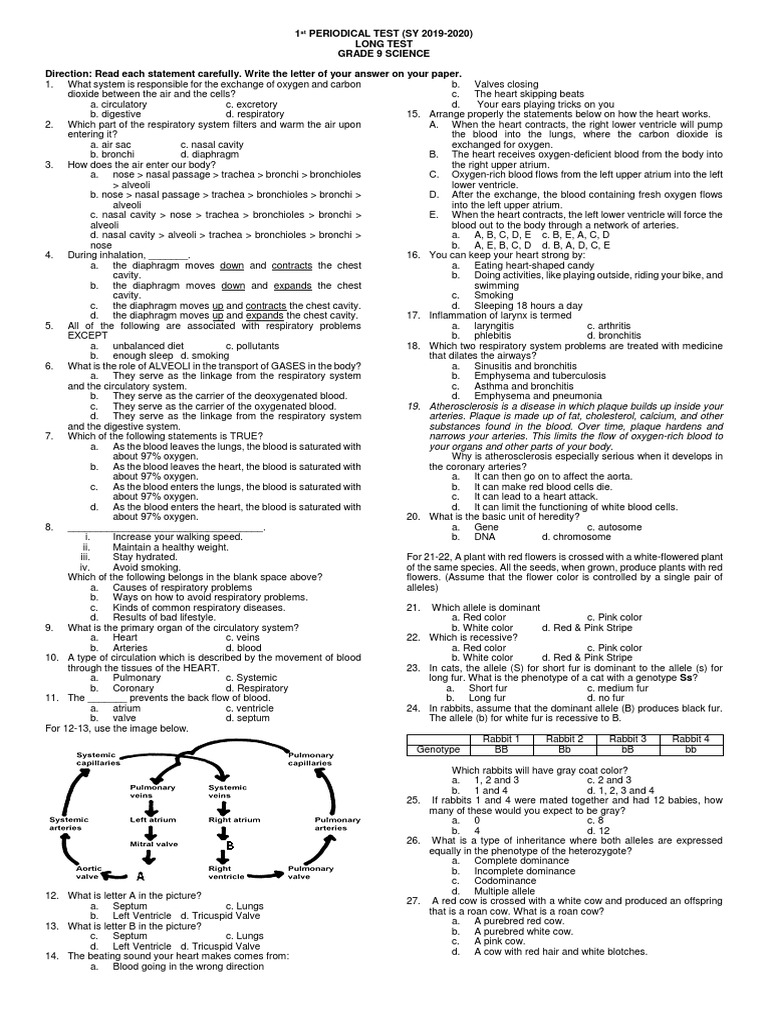 Grade 9 Science Periodical Test | PDF | Circulatory System | Dominance ...