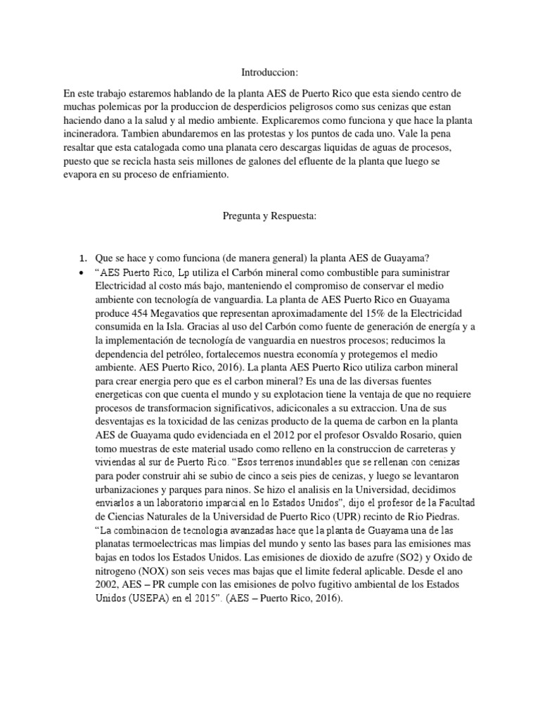 Aes Puerto Rico | PDF | Carbón | Dióxido de azufre