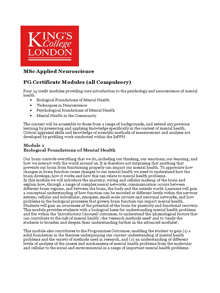 MSC Applied Neuroscience Module Guide | PDF | Neuroscience | Mental Disorder