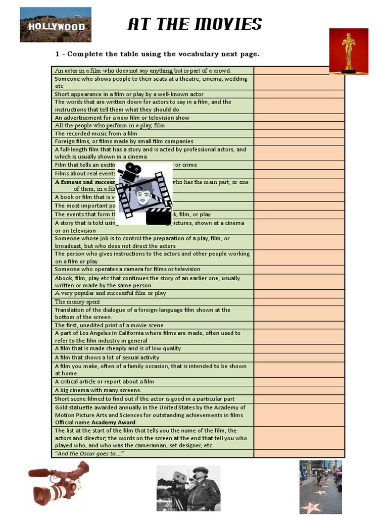 Cinema Vocabulary and Activities Guide | PDF | Academy Awards | Actor