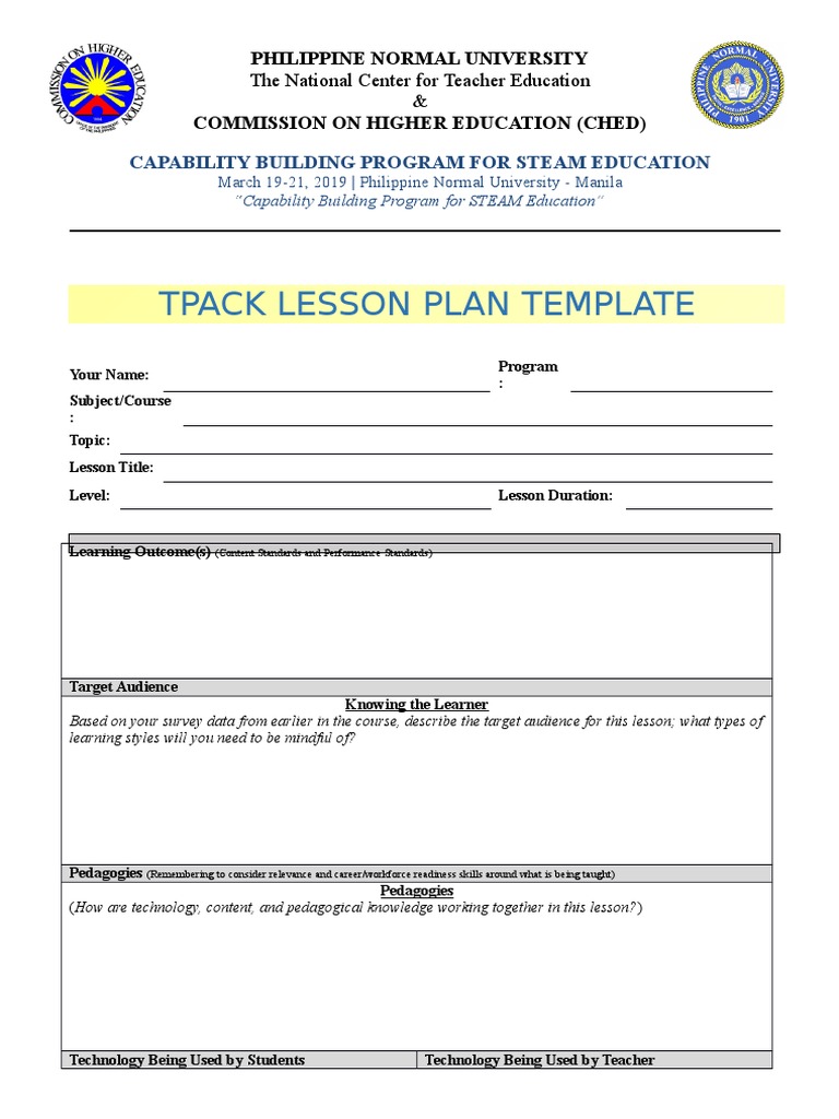 Tpack Lesson Plan Template: Capability Building Program For Steam ...