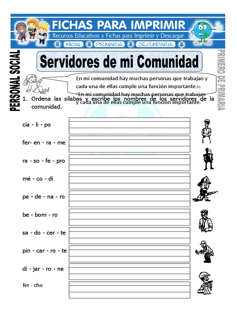 Ficha de Servidores de Mi Comunidad para Primero de Primaria | PDF