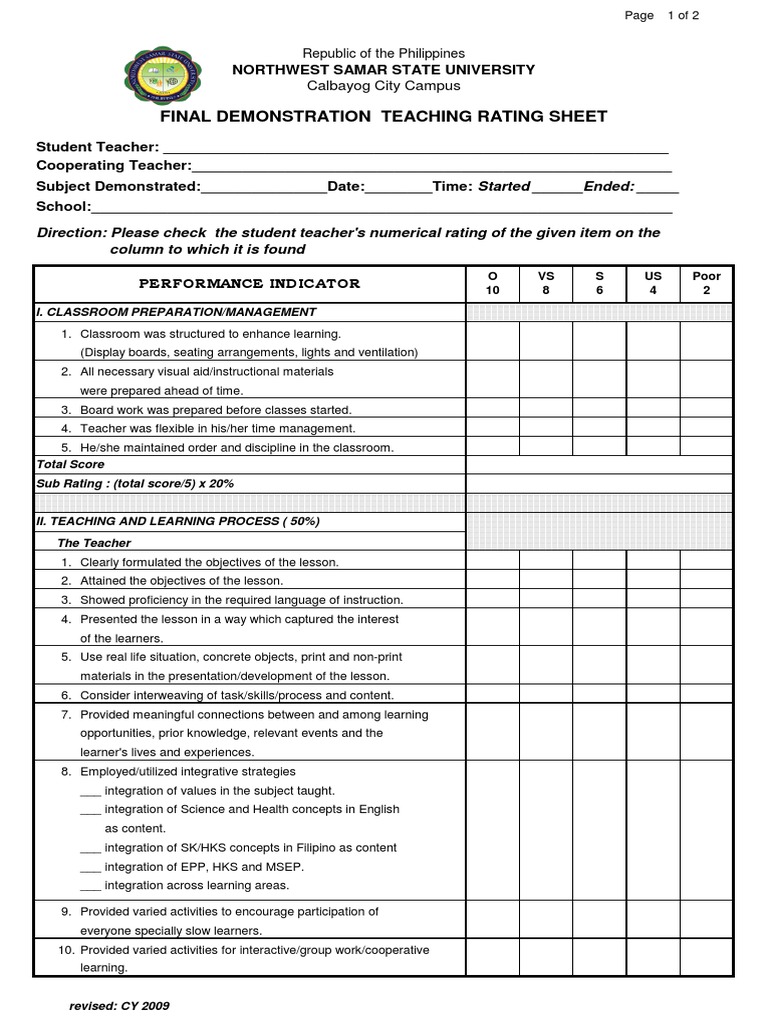 Rating Sheet Final Demo Teaching | PDF | Teachers | Educational Assessment