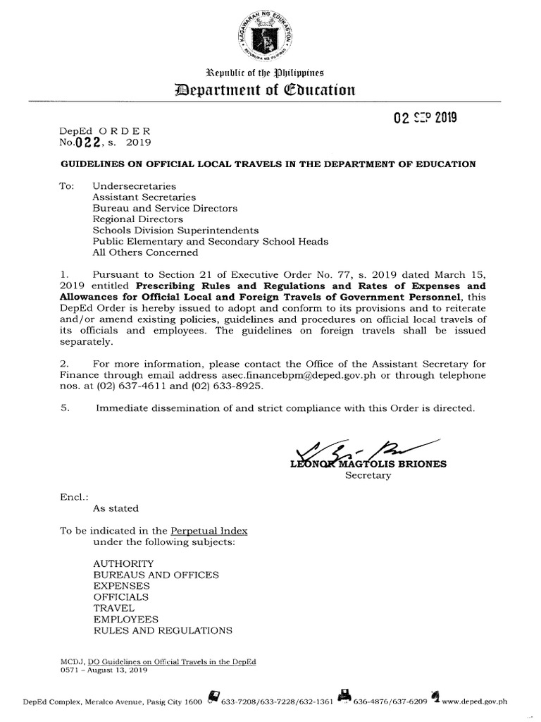 Deped Order No 22 Series 2019 Travel Expenses | PDF