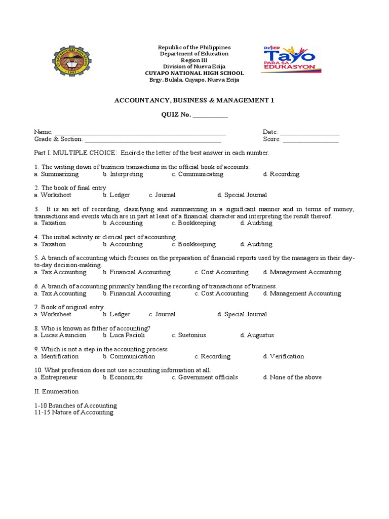 Quiz-FABM 1 | PDF | Bookkeeping | Accounting
