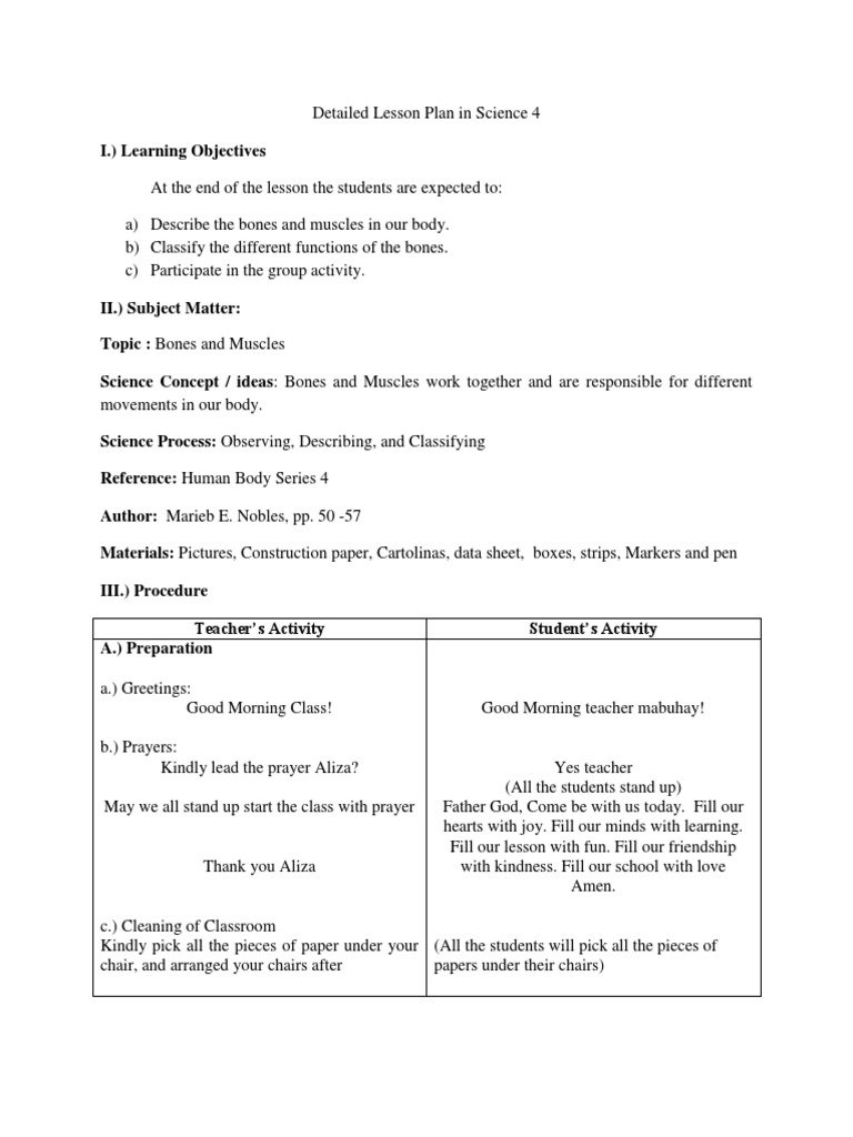 Detailed Lesson Plan in Science 4 | PDF | Skeleton | Muscle