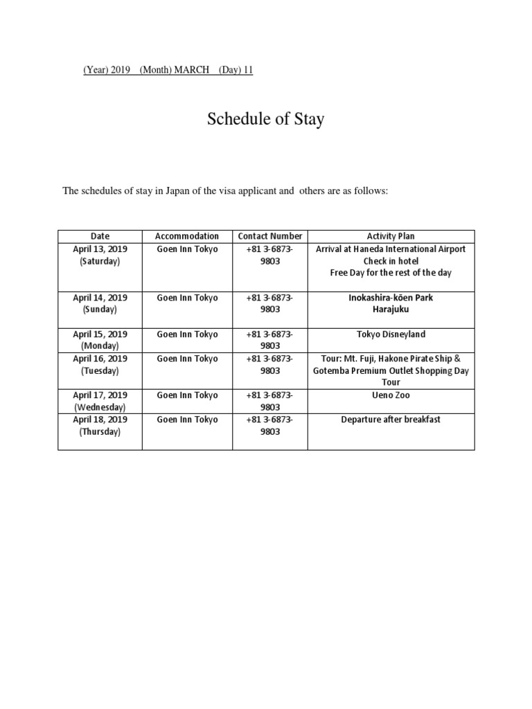 Schedule of Stay: The Schedules of Stay in Japan of The Visa Applicant ...