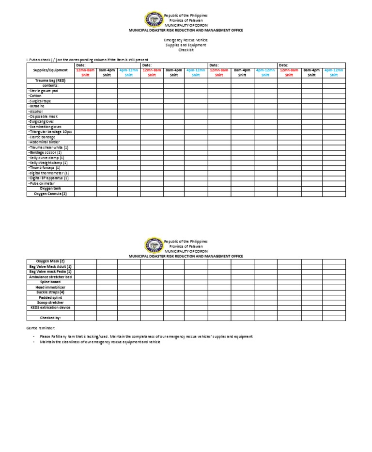 Emergency Rescue Vehicle Checklist | PDF | Medical Equipment | Equipment