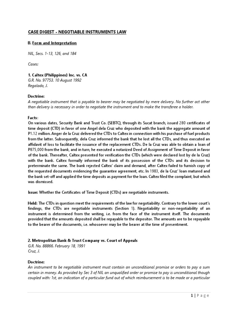 Negotiable Instruments - Case Digest | PDF | Negotiable Instrument | Cheque
