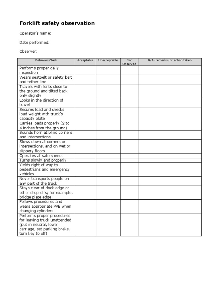 Forklift Safety Observation Checklist