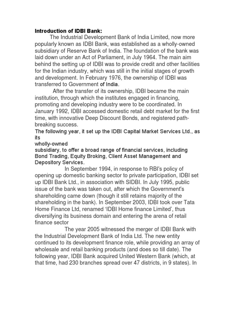 Overview of IDBI Bank's History and Services | PDF | Deposit Account ...