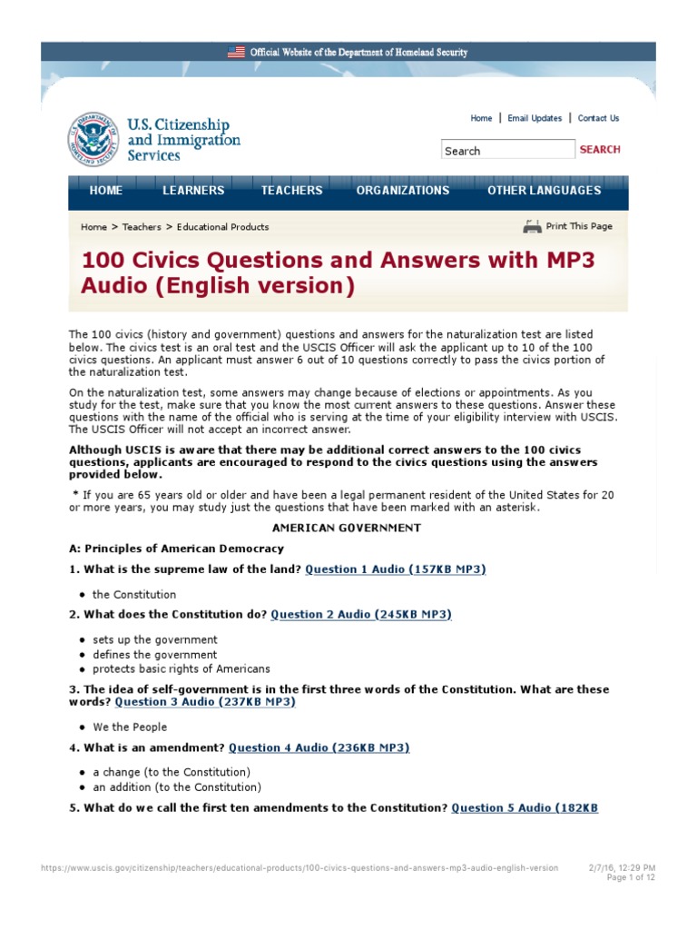 100 Civics Questions and Answers With MP3 Audio (English Version) | PDF ...