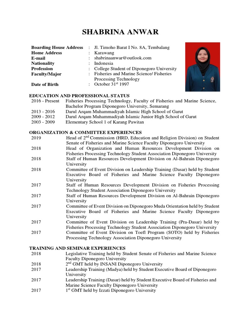 CV Shabrina Anwar | PDF | Hazard Analysis And Critical Control Points | Learning