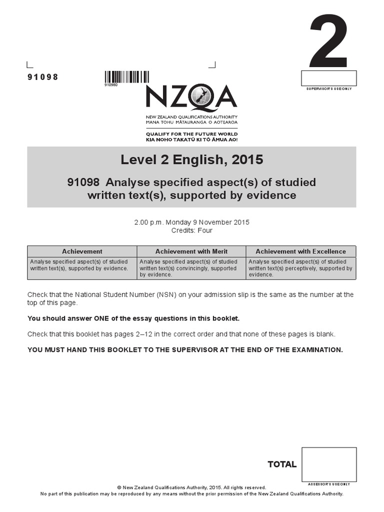 Level 2 English, 2015: 91098 Analyse Specified Aspect(s) of Studied ...