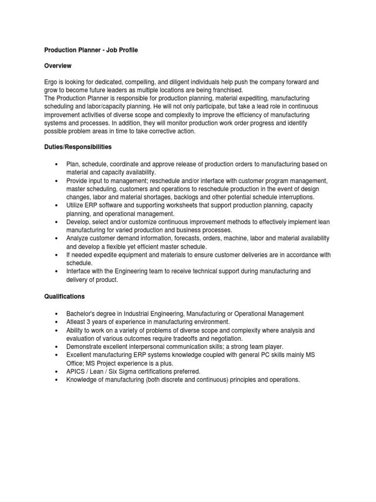Production Planner - Job Profile | PDF | Operations Management ...
