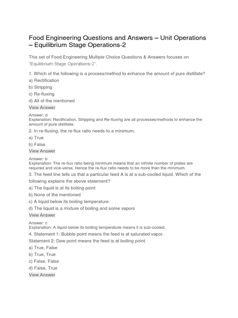 Food Engineering Questions and Answers | PDF | Distillation | Chemical ...