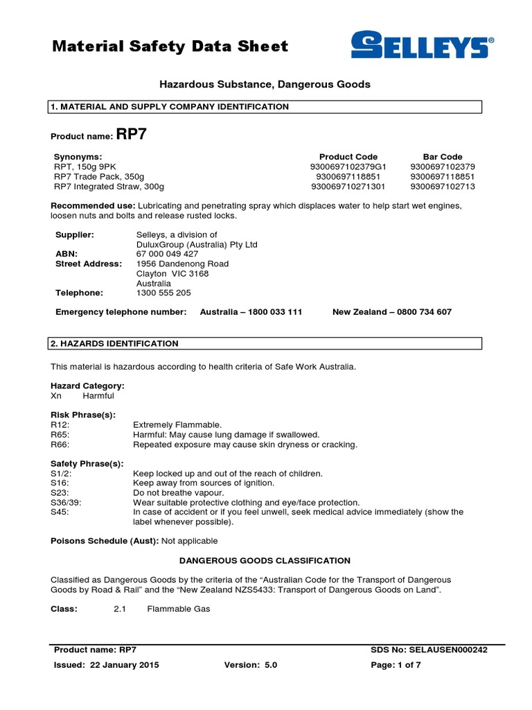 Material Safety Data Sheet: Hazardous Substance, Dangerous Goods ...