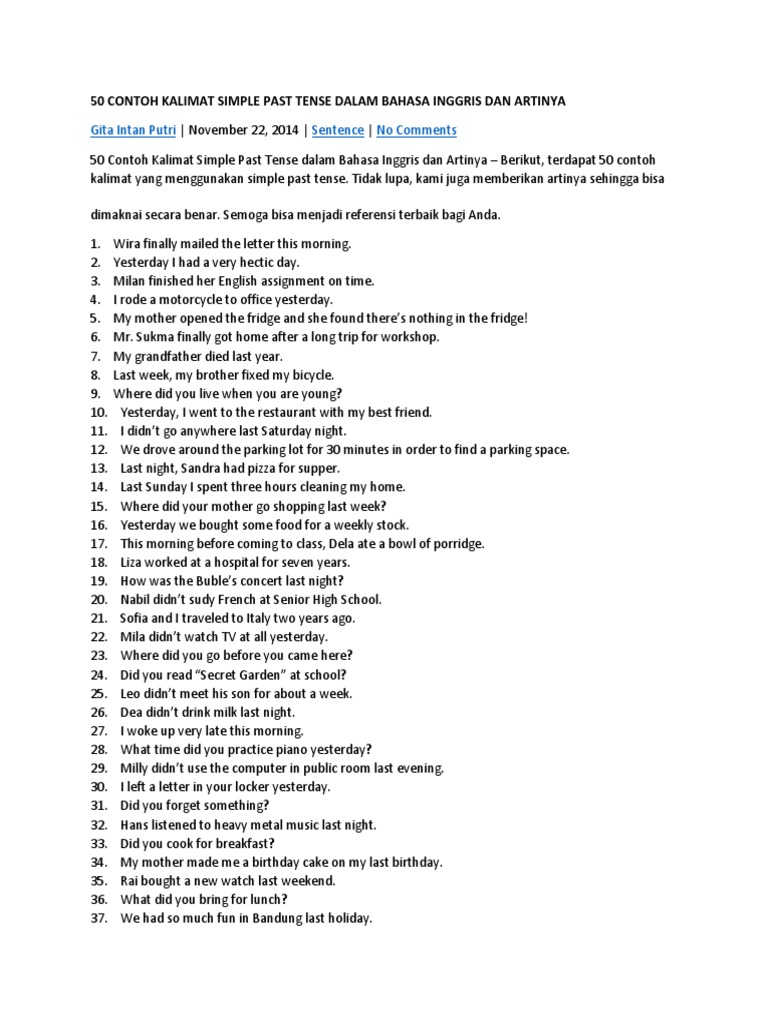 50 Contoh Kalimat Simple Past Tense Dalam Bahasa Inggris Dan Artinya | PDF