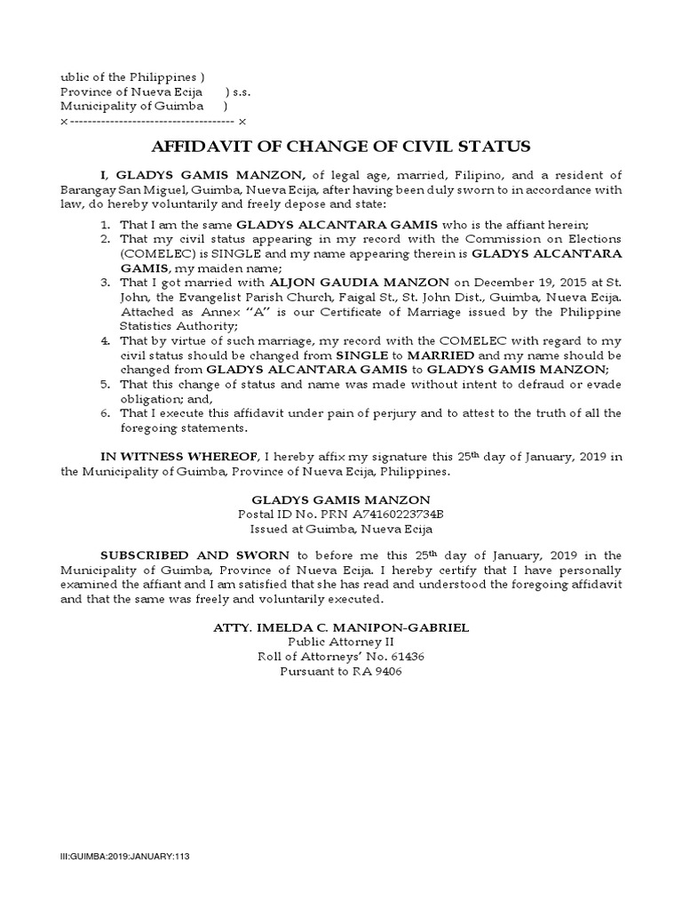 Affidavit Change of Status | PDF | Affidavit | Document