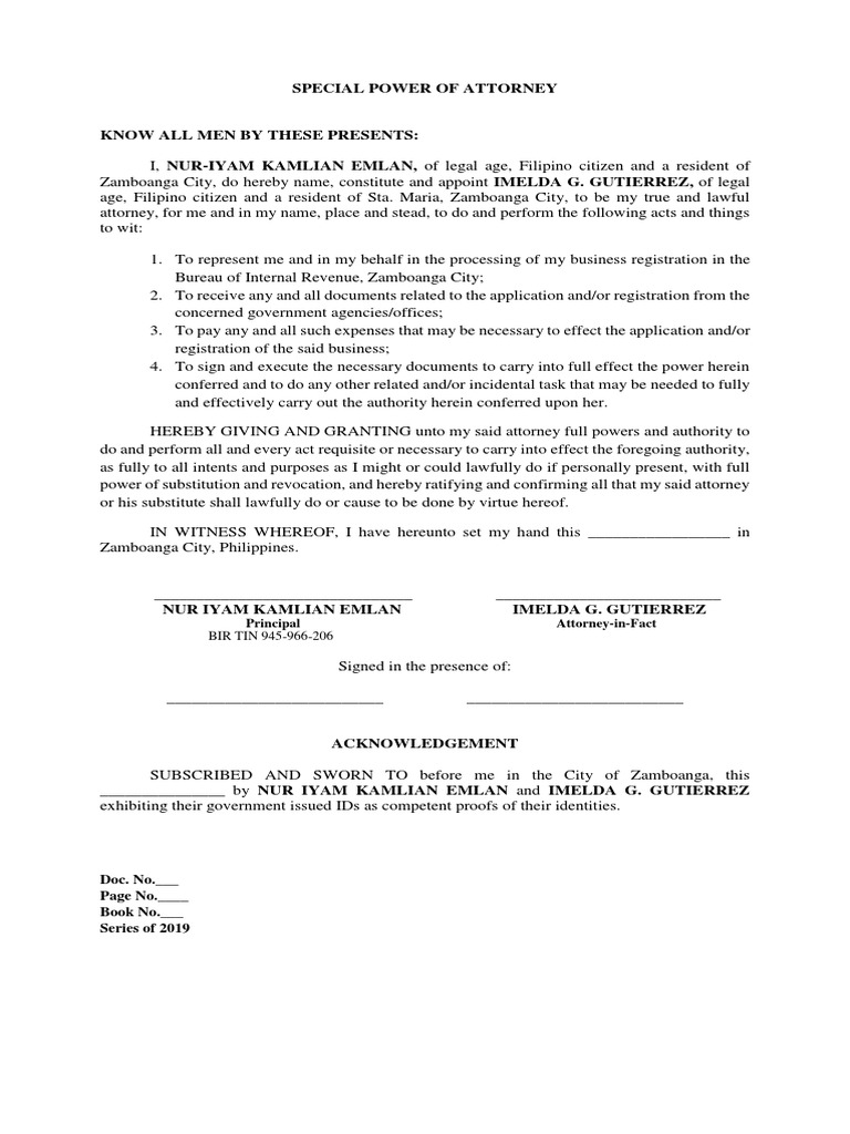 SPA To Process Business Permit With The BIR | PDF | Power Of Attorney ...