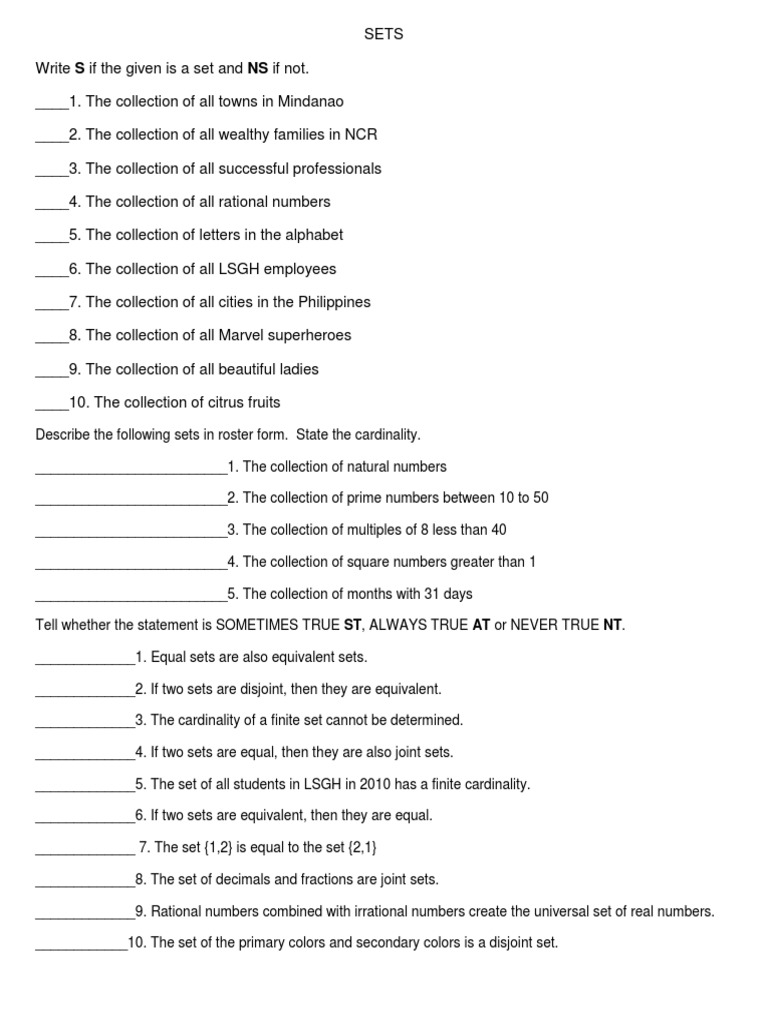 Sets Questionnaire Pdf Set Mathematics Mathematical Notation