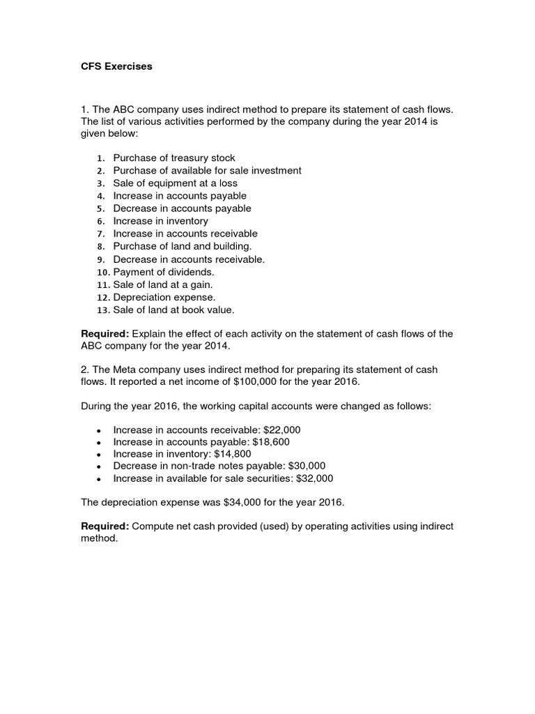 CFS Indirect Method Exercises | PDF | Cash Flow Statement | Investing