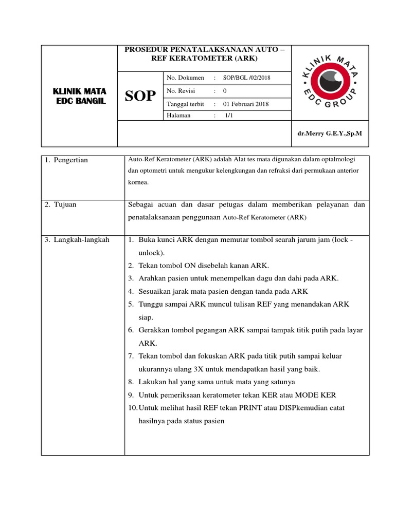 Prosedur Penggunaan Auto-Ref Keratometer | PDF