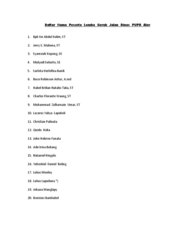 Daftar Nama Peserta Lomba Gerak Jalan Dinas PUPR Alor | PDF