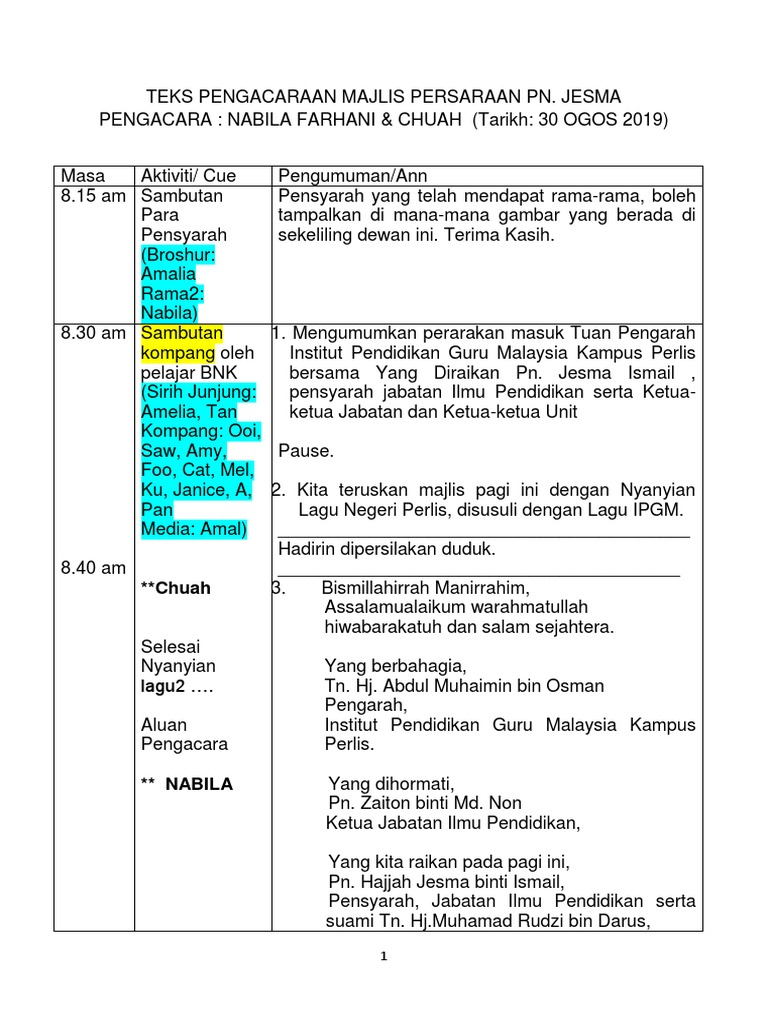 Teks MC Persaraan Highlight | PDF