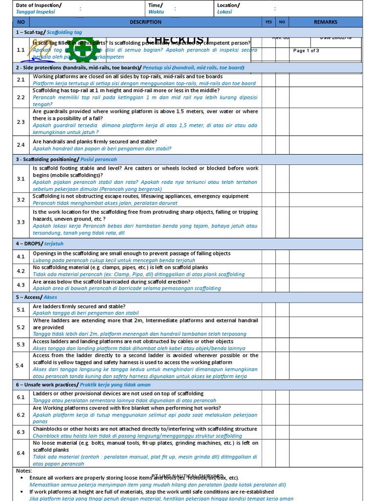 Scaffolding Checklist: Inspect by | PDF | Scaffolding | Bamboo