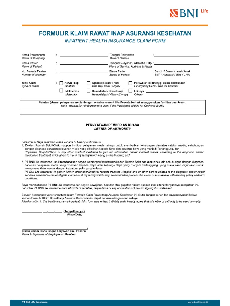 Formulir Klaim Rawat Inap Asuransi Kesehatan Bni Life Pdf Pdf