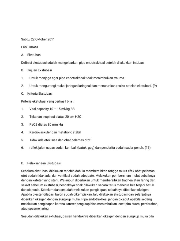 Panduan Ekstubasi: Definisi, Kriteria, dan Pelaksanaan | PDF