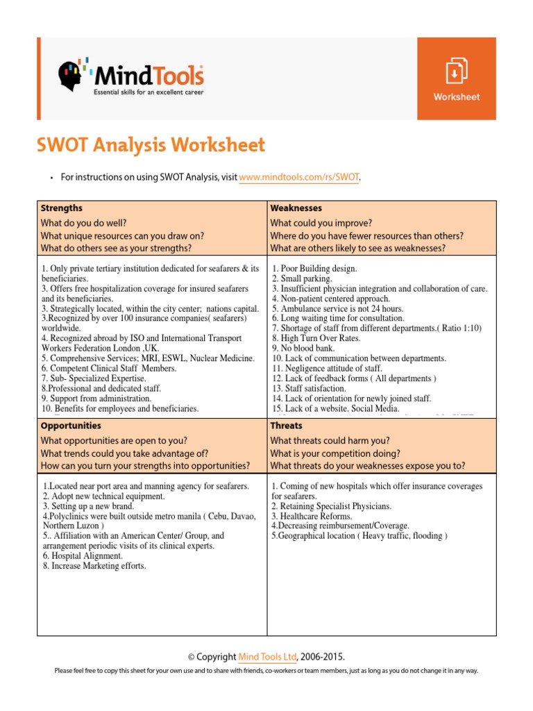 Swot Analysis Worksheet | PDF | Joint Commission | Health Care